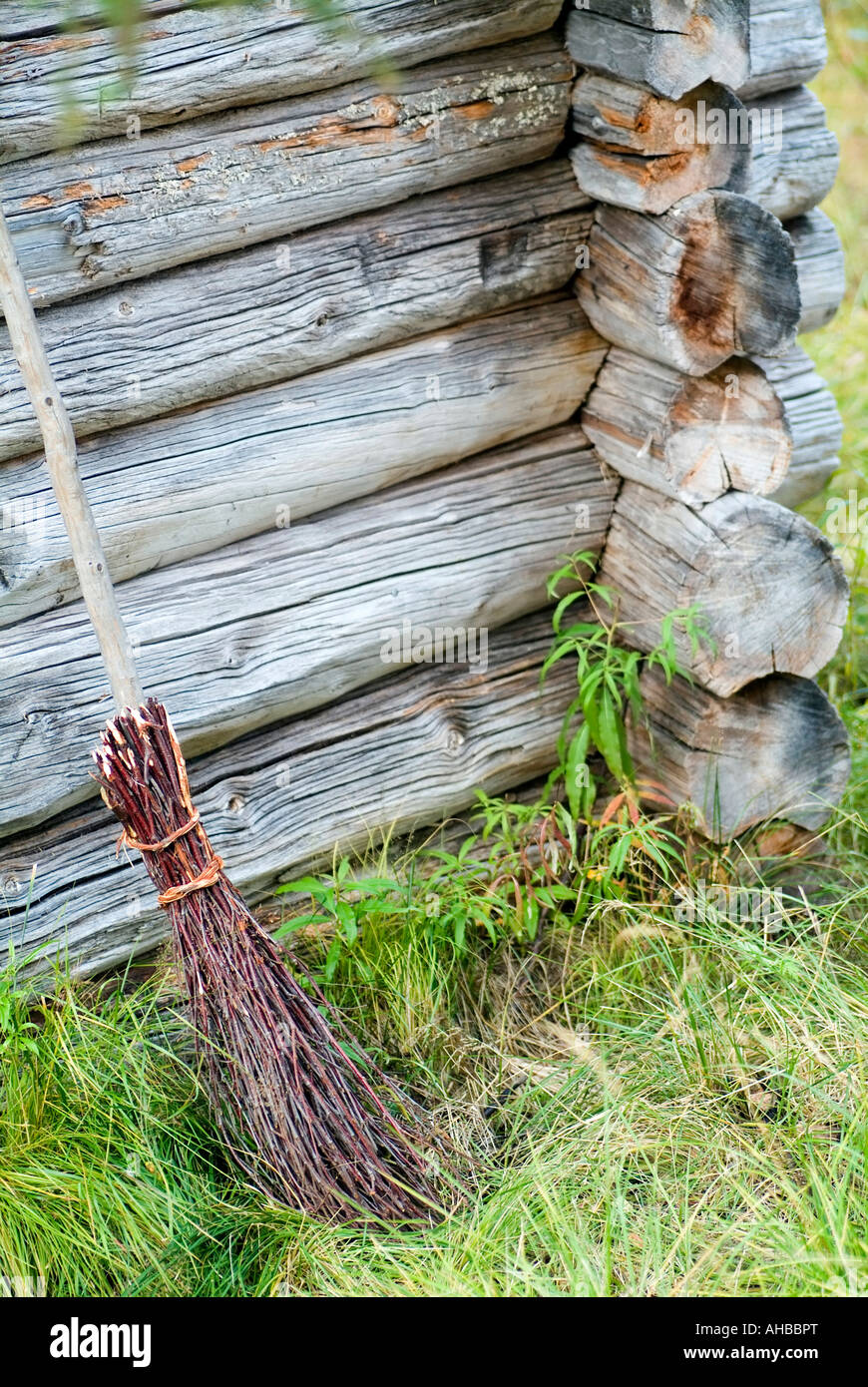 broom leaning at an old log cabin in Lapland Finland Stock Photo - Alamy