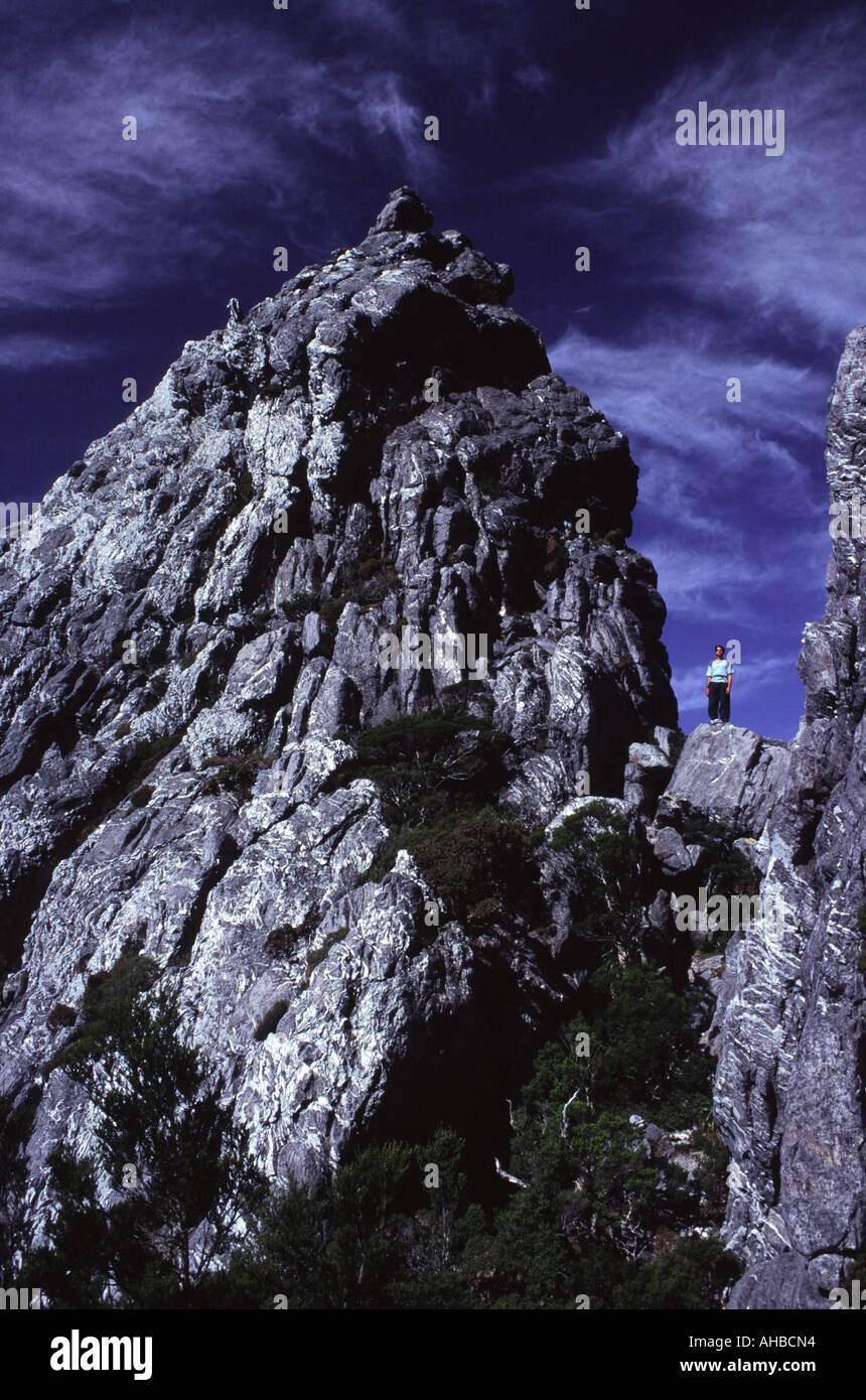 A bushwalker stands next to one of the quartzite outcrops ...
