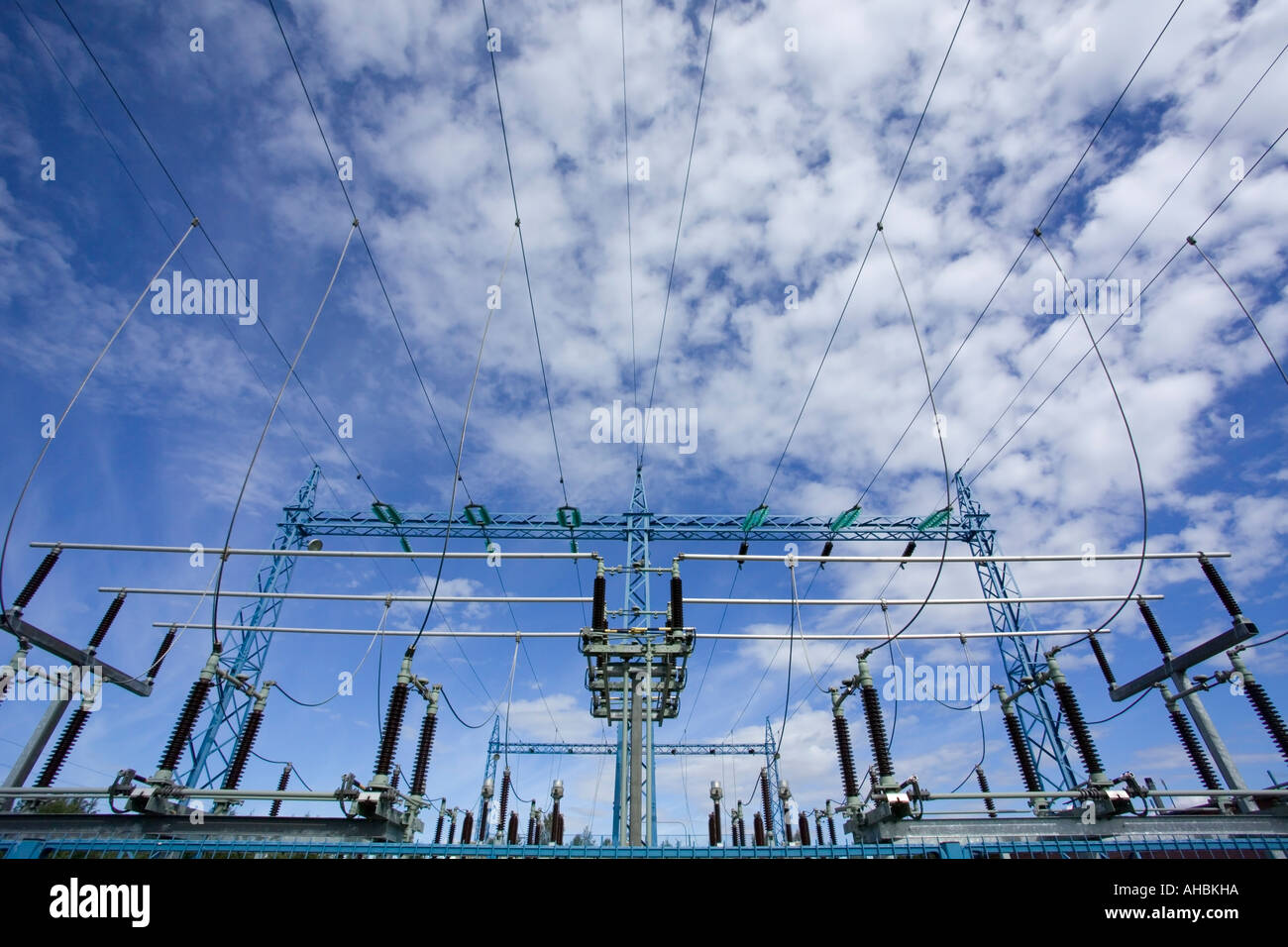 electric transform station against blue sky with fluffy clouds Stock ...