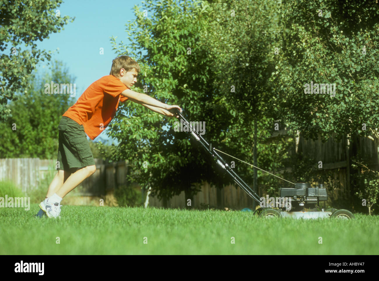 Young boy or man mowing a lawn with a power lawnmower Stock Photo - Alamy