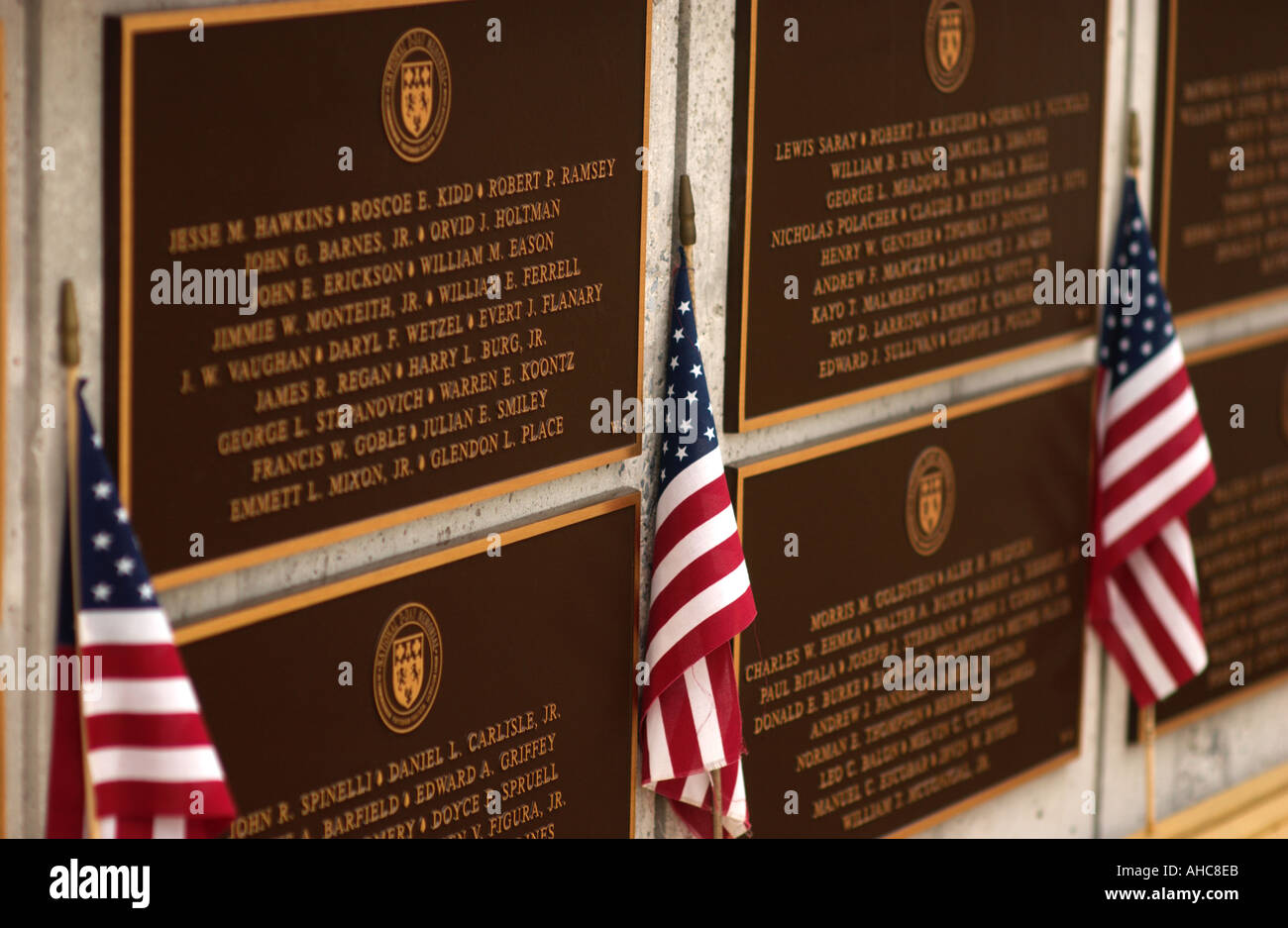 Plaques on display with American flags at WWII D Day Memorial in ...
