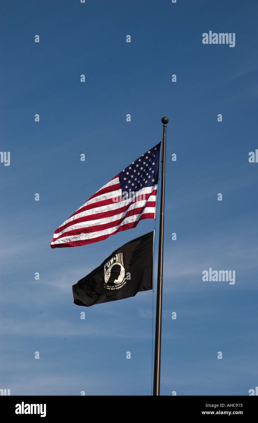 POW flag and american flag in wind at WWII D Day memorial in Bedford VA ...