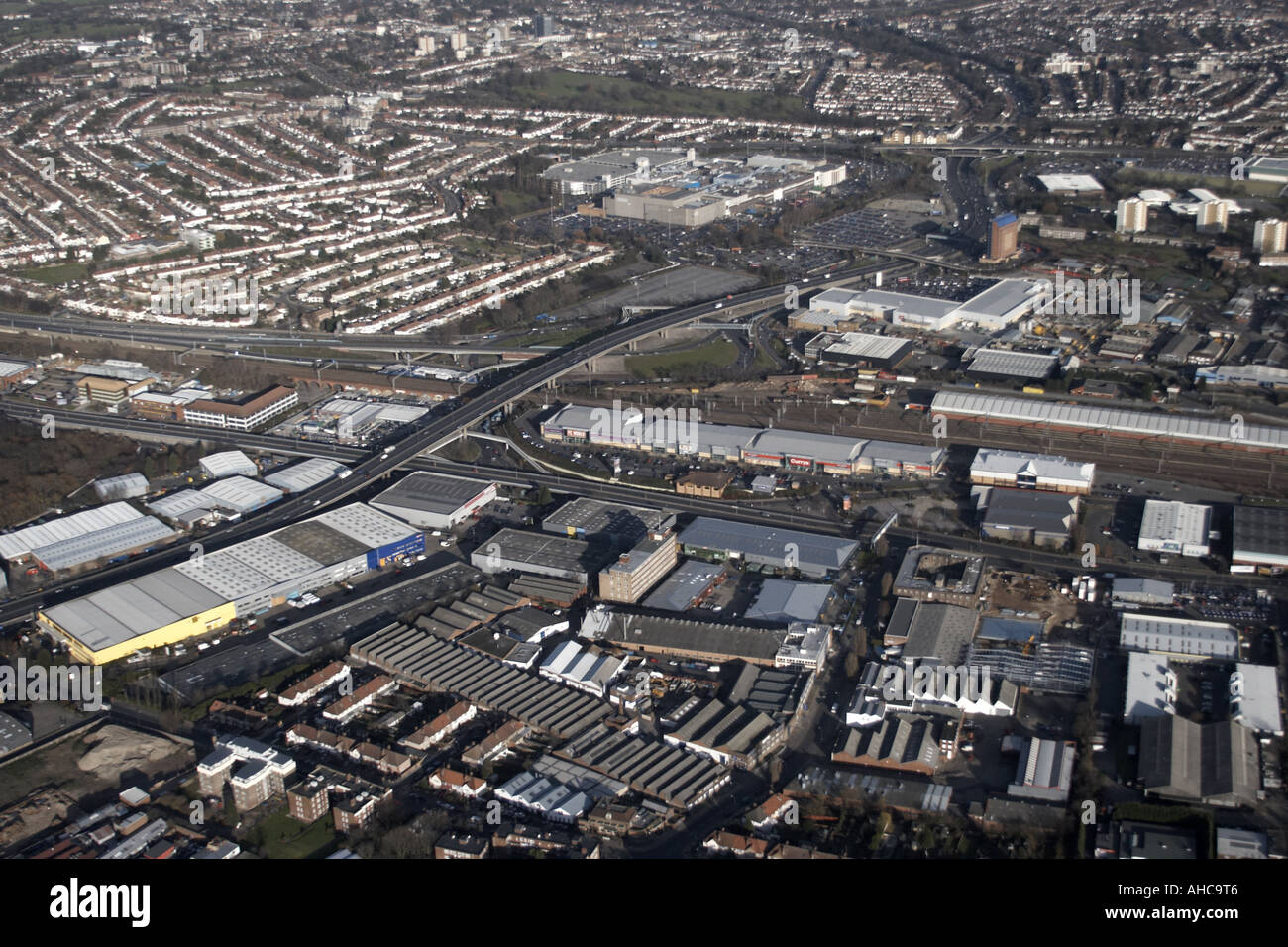 High level oblique aerial view east of M1 A406 A5 junction Staples ...