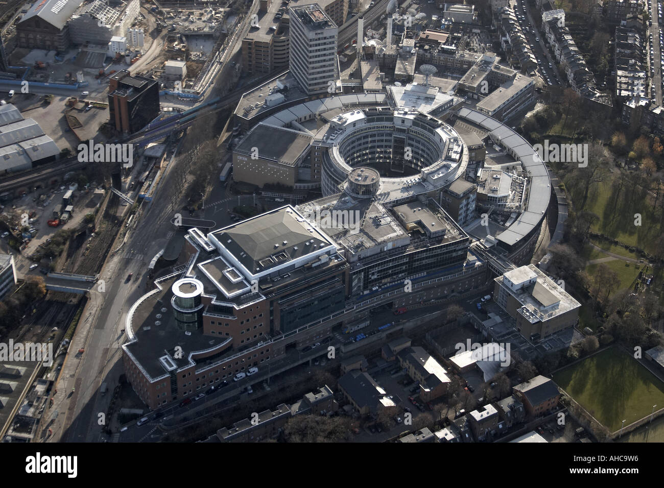 High level oblique aerial view south of BBC Television Centre Stock ...