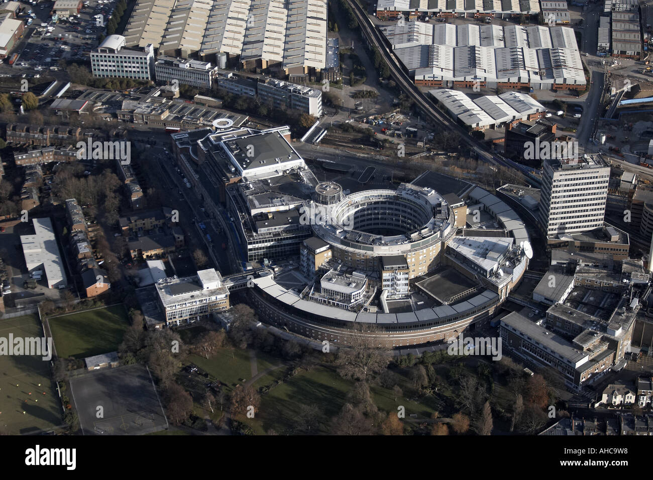 High level oblique aerial view east of BBC Television Centre Stock ...