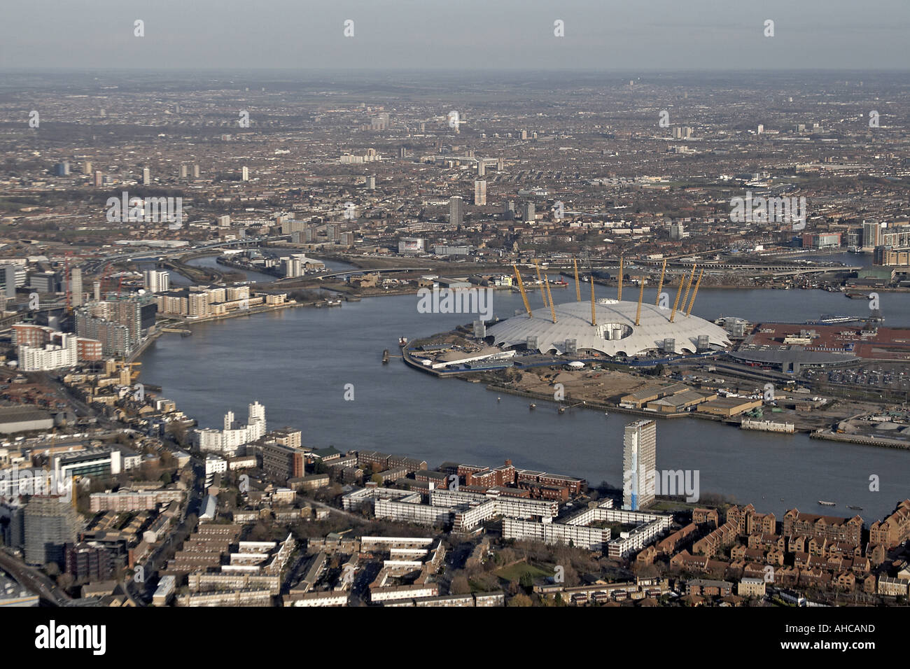 High level oblique aerial view south east of Docklands Isle of Dogs ...