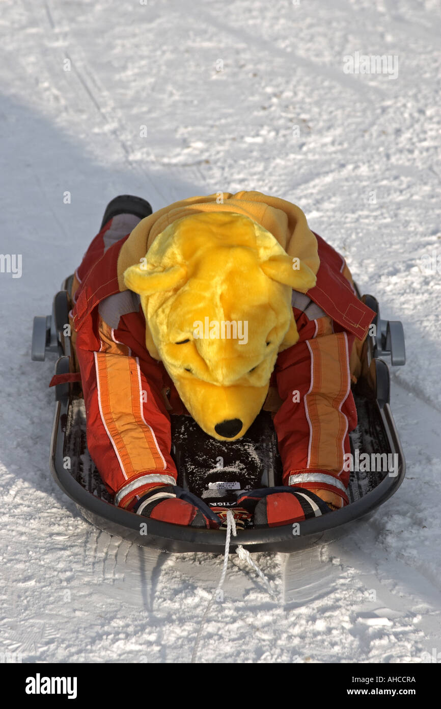 Young boy child with funny animal hat playing in a sledge Stock Photo ...