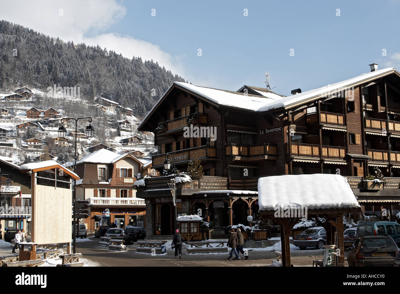 Snowy winter scenes in town of Morzine winter sports snow ski resort ...