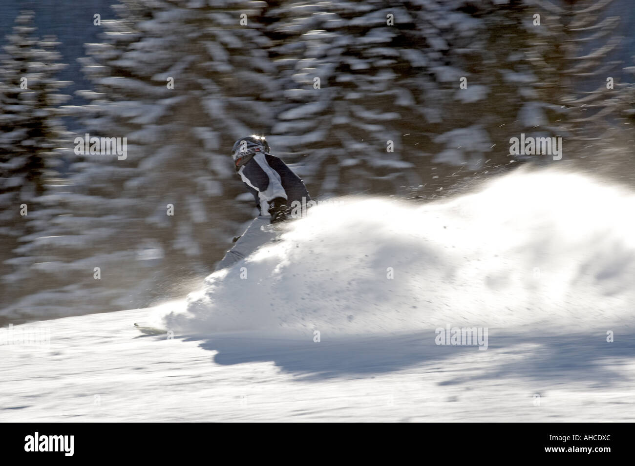 Man person skiing fast with snow spray Stock Photo - Alamy