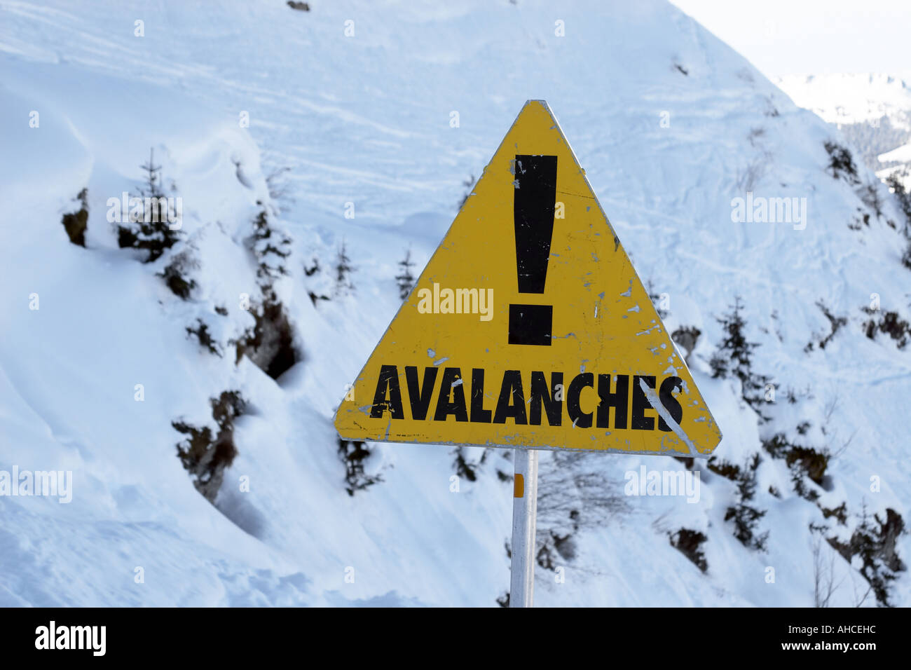 AVALANCES danger warning sign in winter sports snow ski resort area of ...