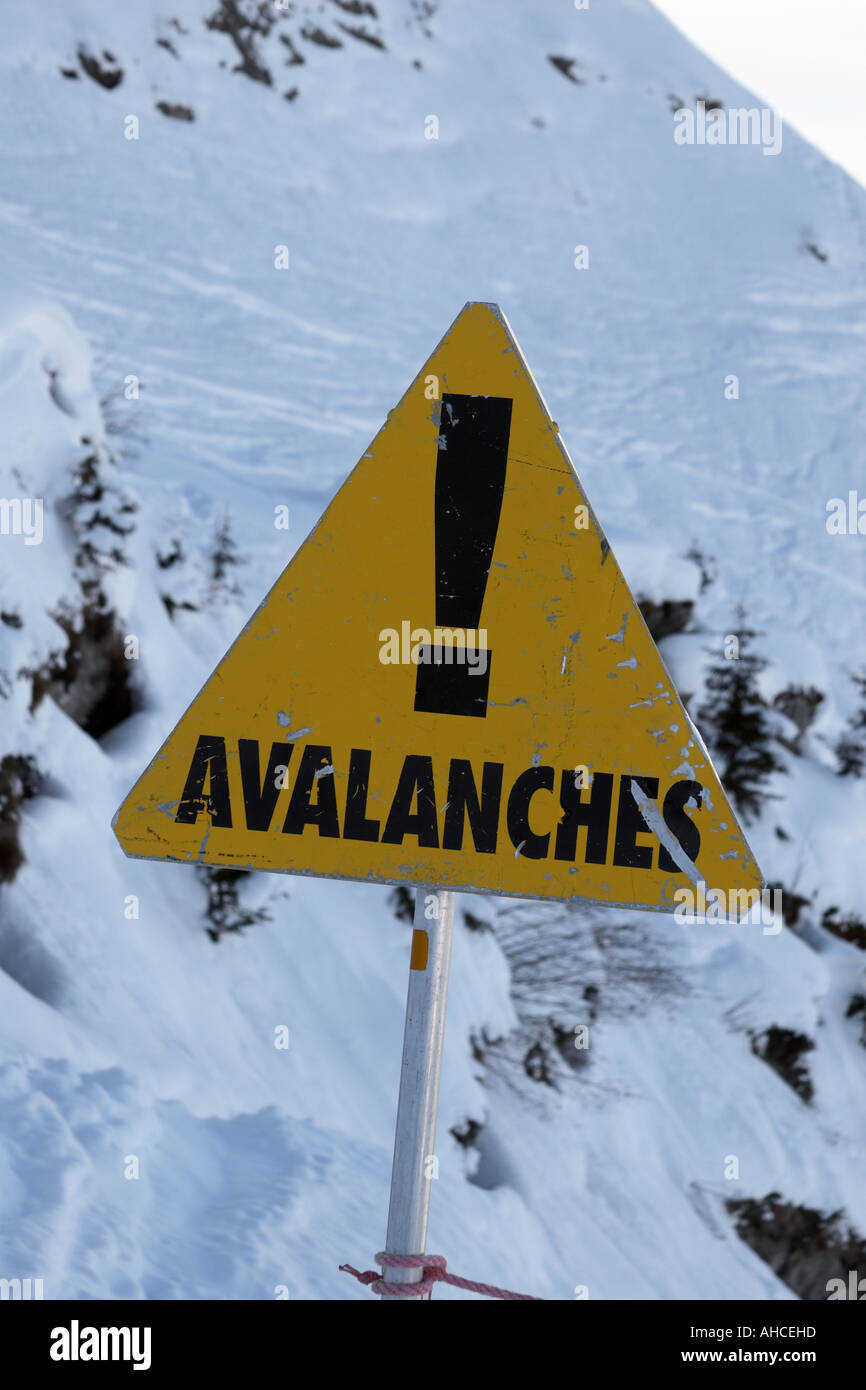 AVALANCES danger warning sign in winter sports snow ski resort area of ...