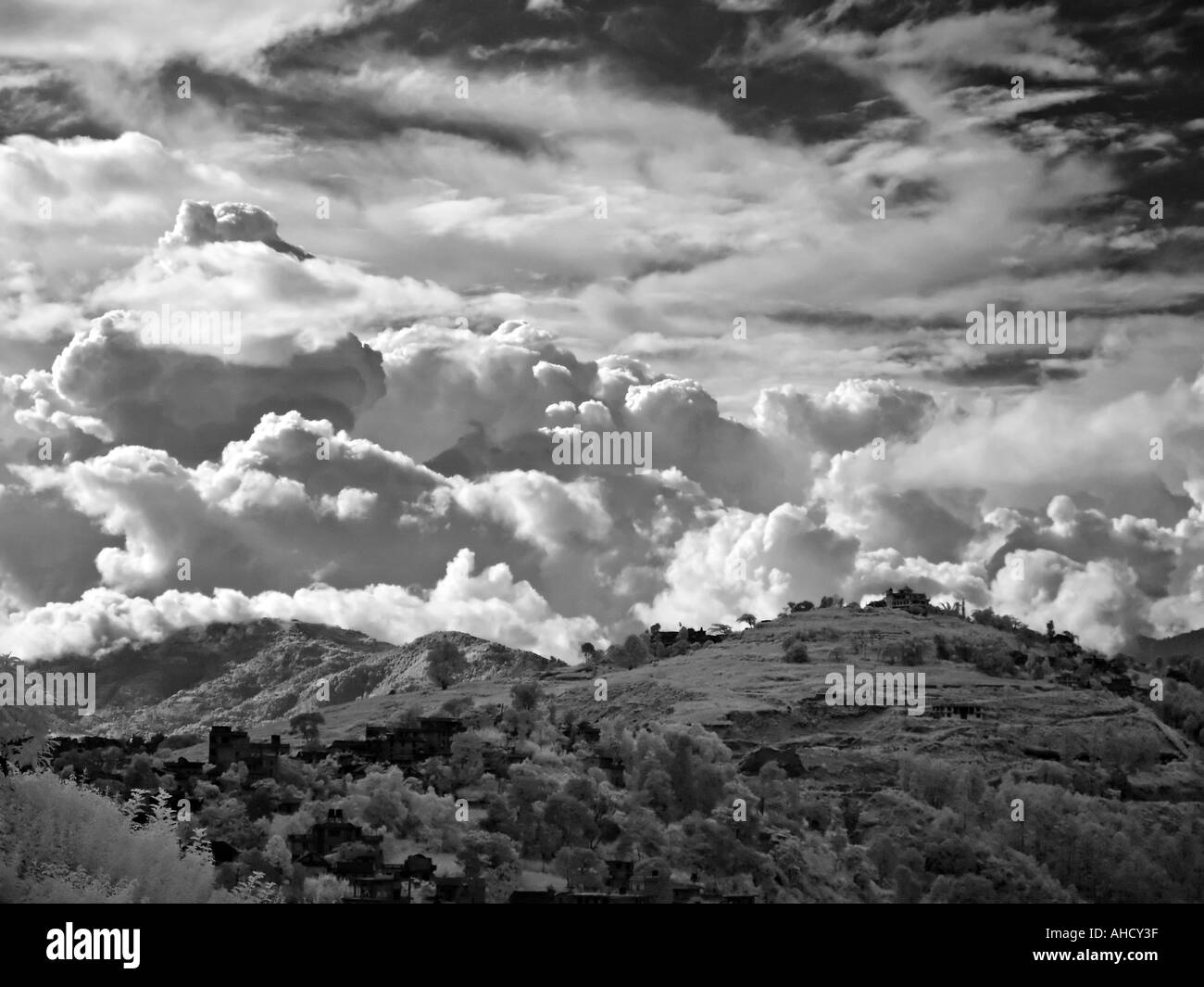Black and white infrared landscape of Chobar temple in the Kathmandu ...
