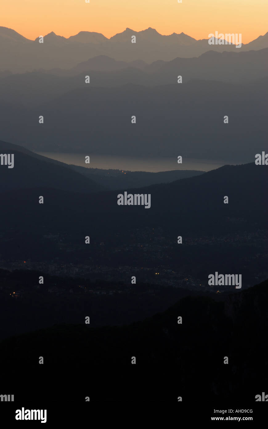 Sunset over the Alps seen from the mountains around Lake Como, Italy ...