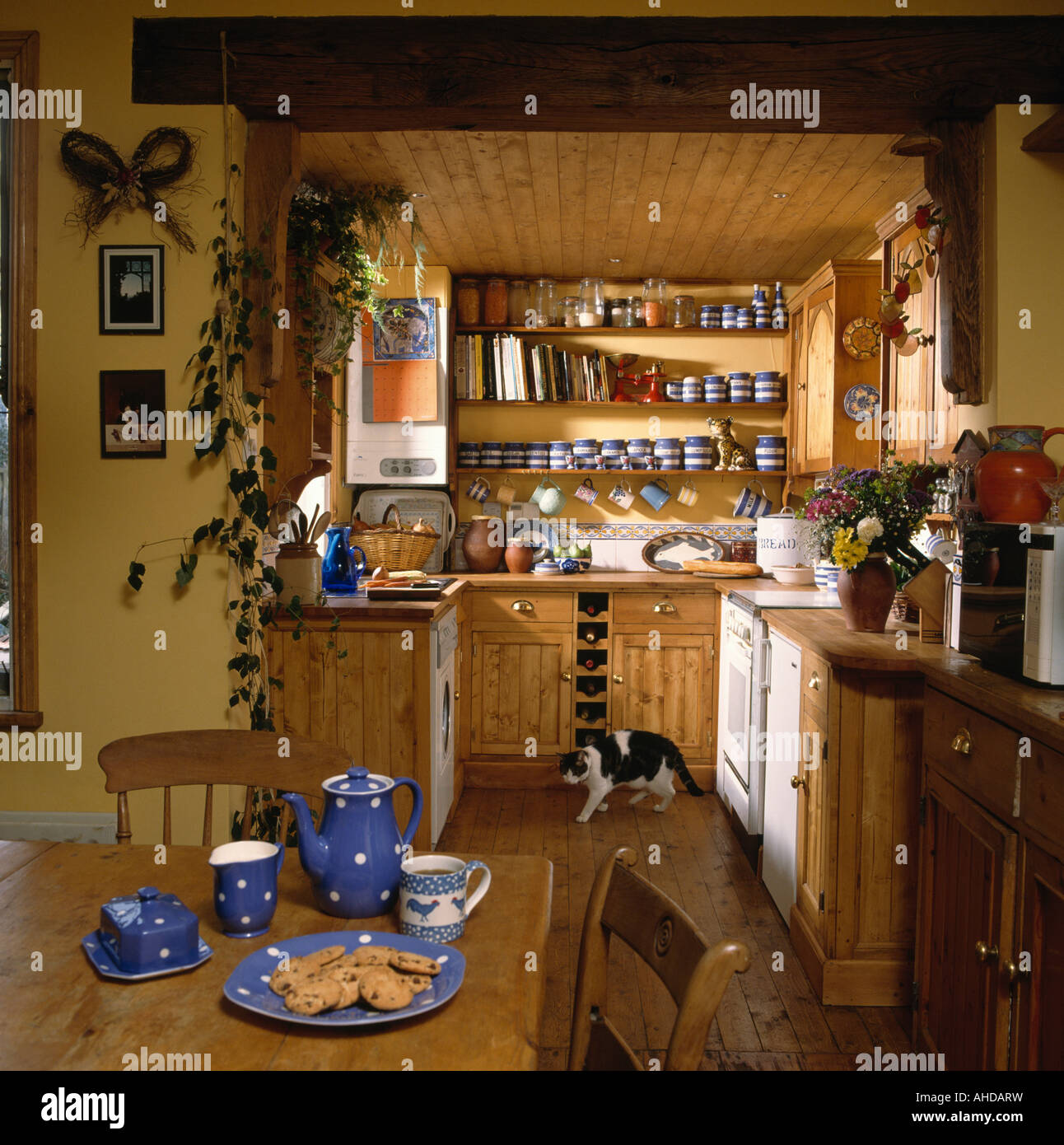 Blue and white spotted pottery on pine table in country kitchen with ...