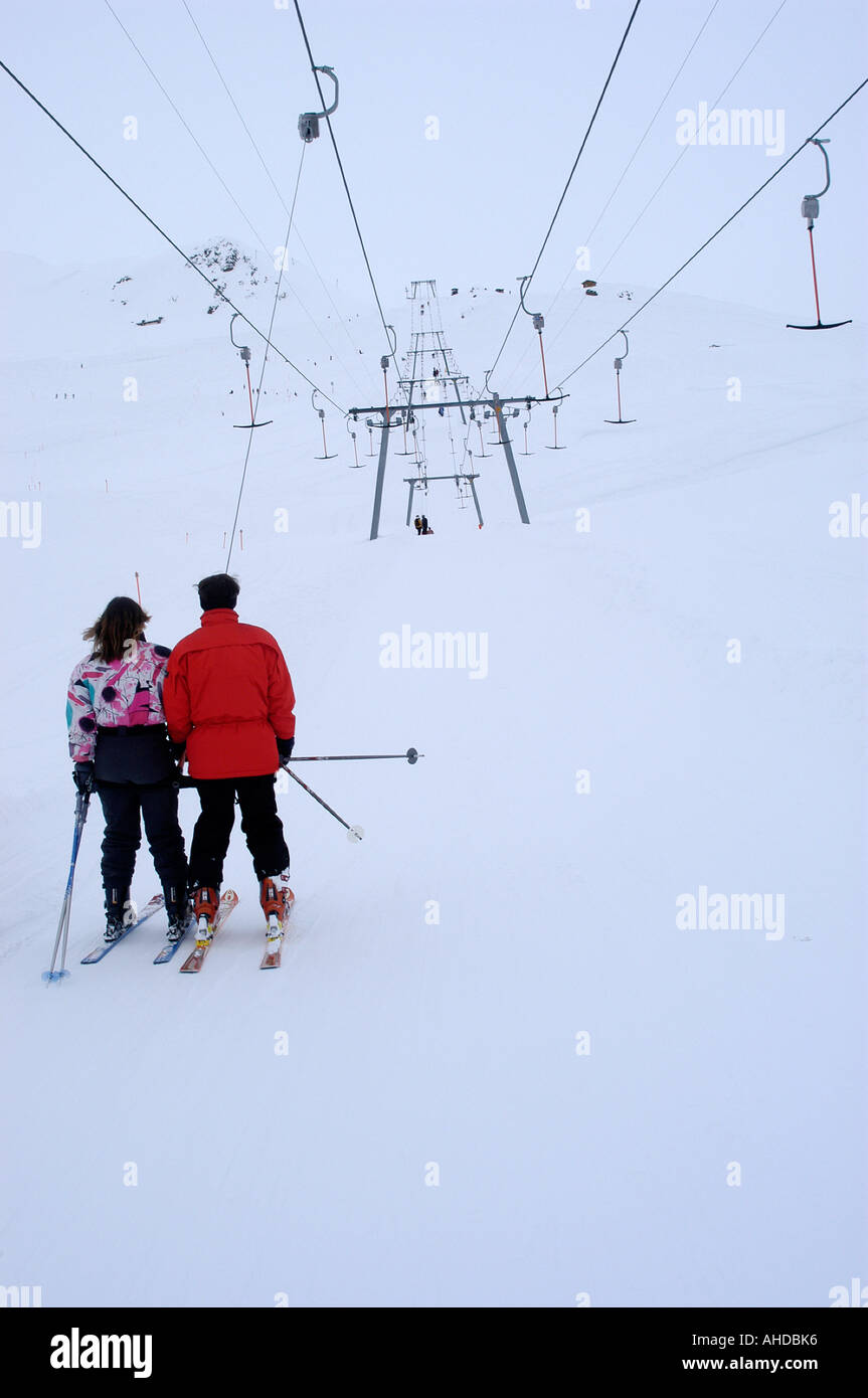 T bar ski lift at Madrisa ski resort near Klosters Graubunden ...