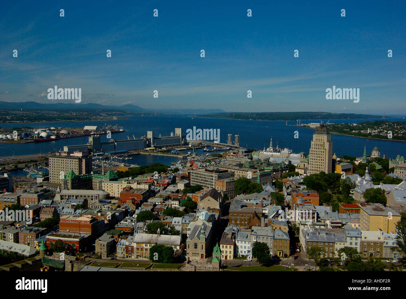 Aerial view of Quebec City, the harbour, port, and the St. Lawrence ...