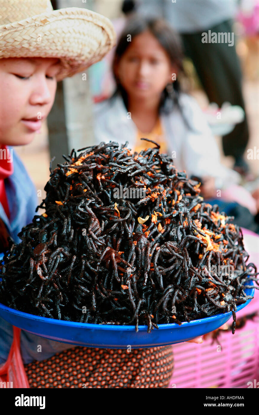 Khmer woman selling tarantula spiders at Skuon, (Spiderville) on NH6 ...