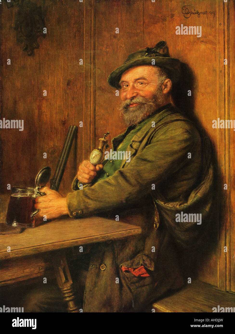 alcohol, beer, hunter at a table, painting: Eduard Grutzner, 1919 Stock ...