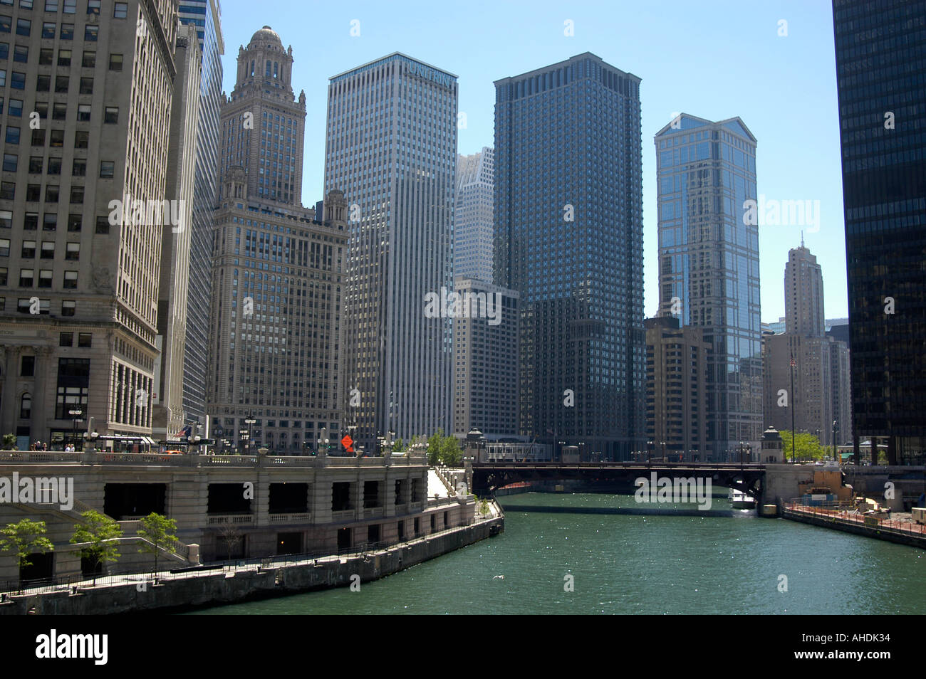 Downtown buildings line the Chicago River Chicago Illinois USA Stock ...