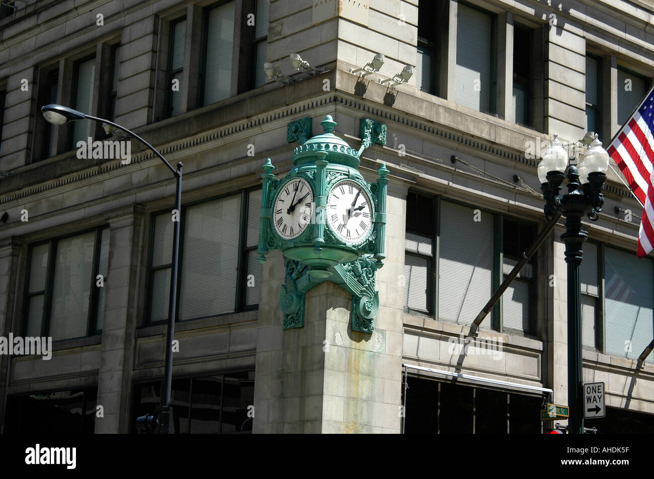 Ornate green street clock, Chicago Illinois USA Stock Photo - Alamy