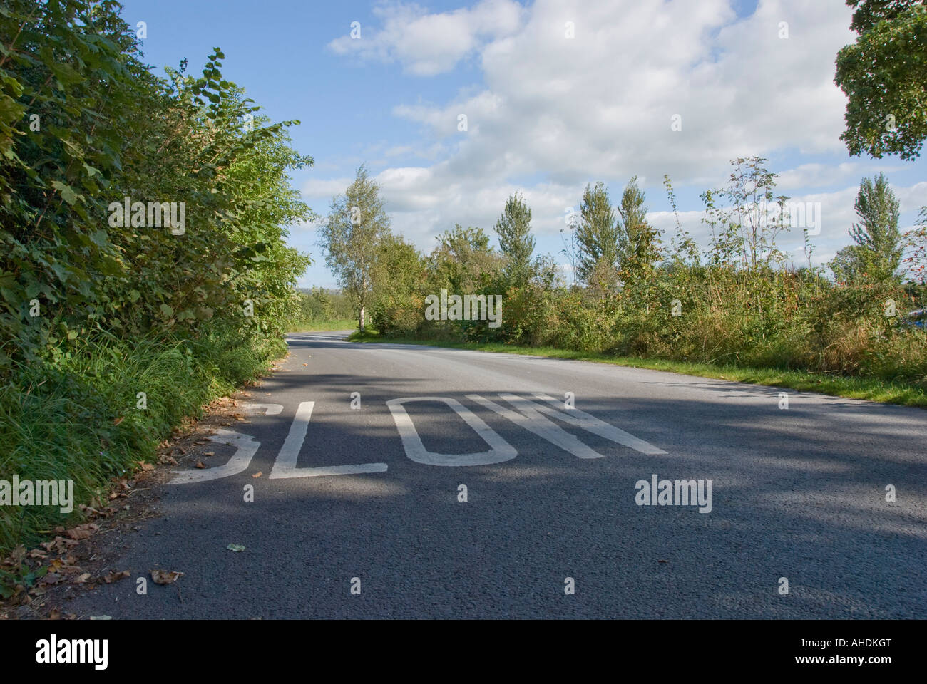 slow sign on country lane Stock Photo - Alamy