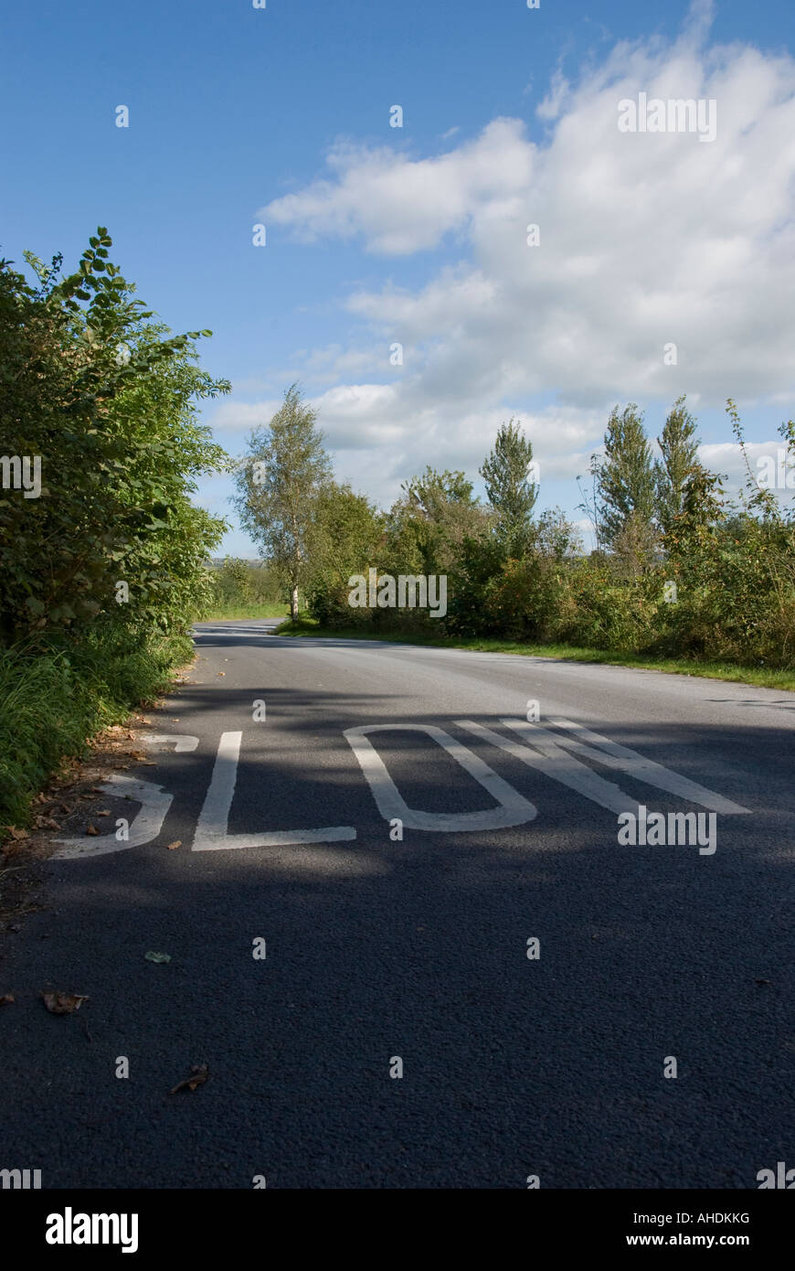 slow sign on country lane Stock Photo - Alamy