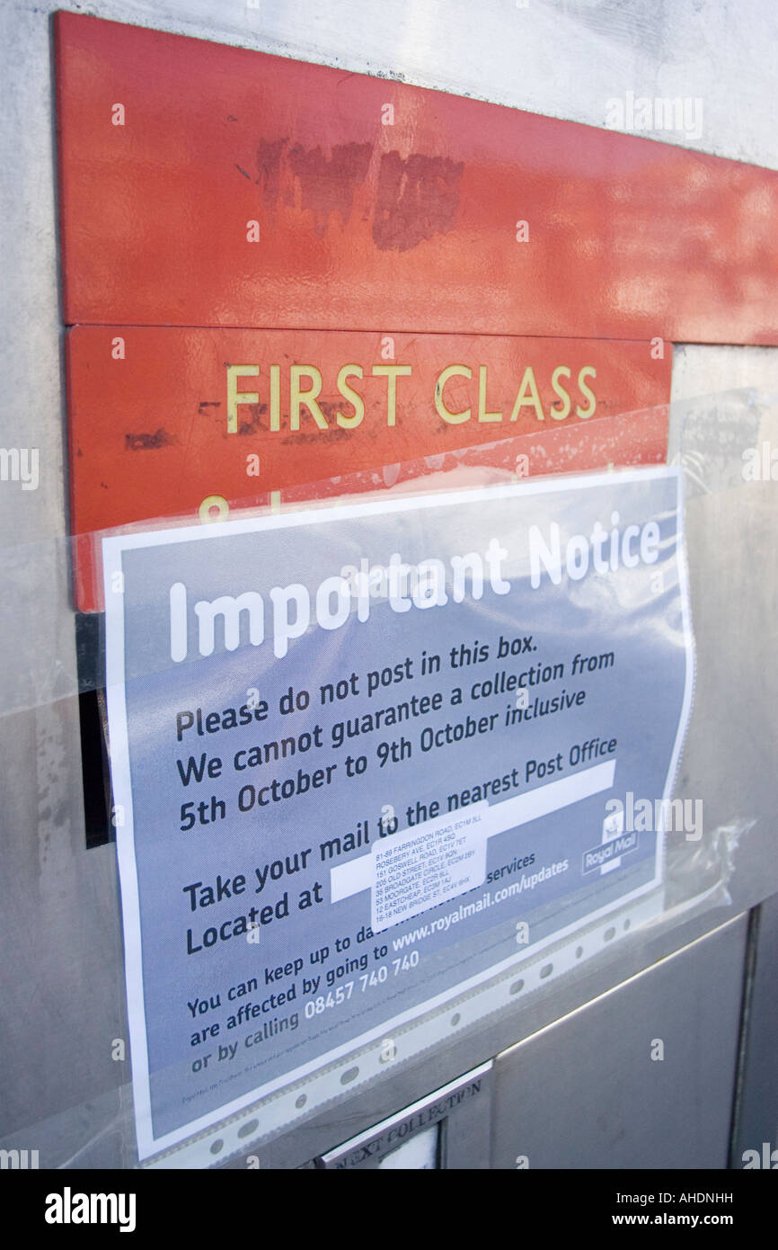 Notice covering a post box during the Royal Mail industrial disputes ...
