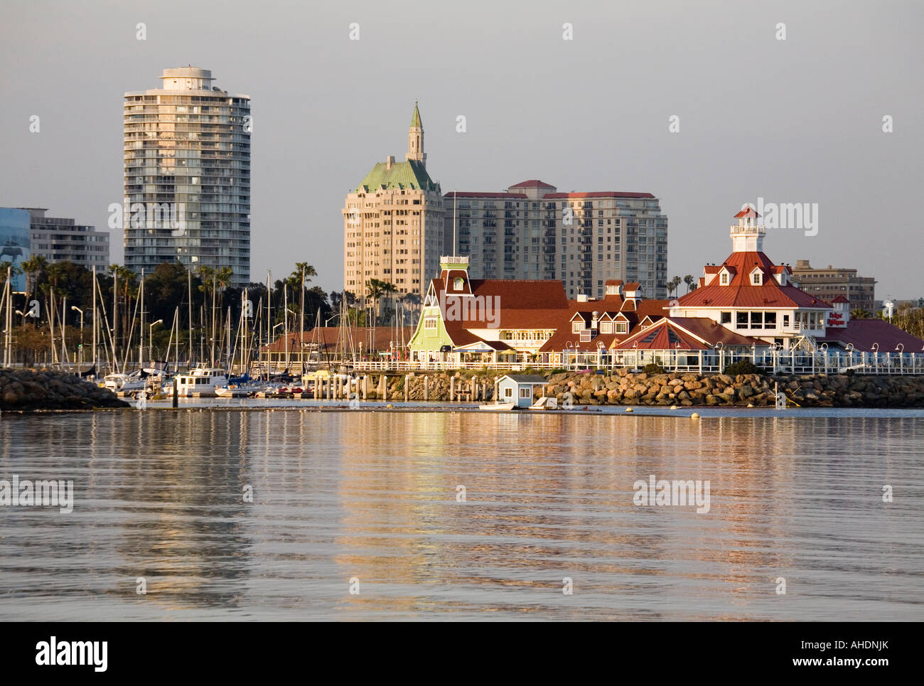 A view of the harbor and waterfront in Long Beach, California, USA ...