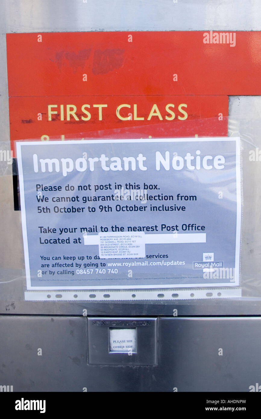 Notice covering a post box during the Royal Mail industrial disputes ...