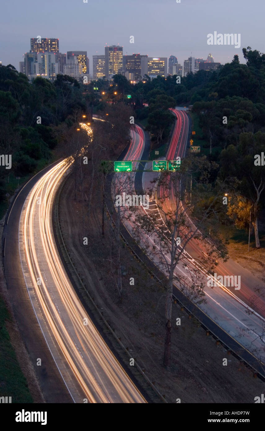 A view of a busy freeway taken at night, leading to the San Diego ...
