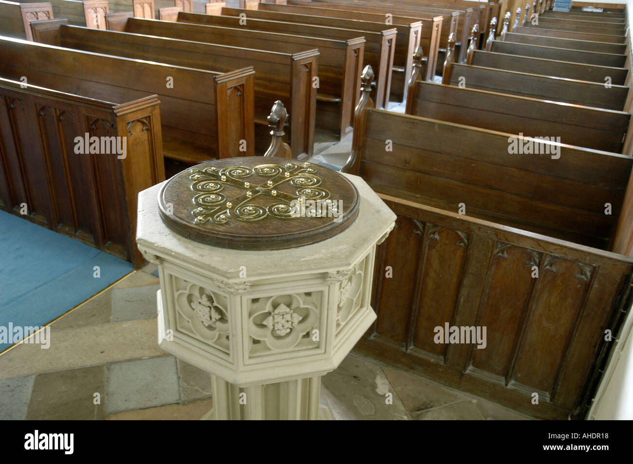 Typical font in the Parish church at Churchill near Chipping Norton in ...
