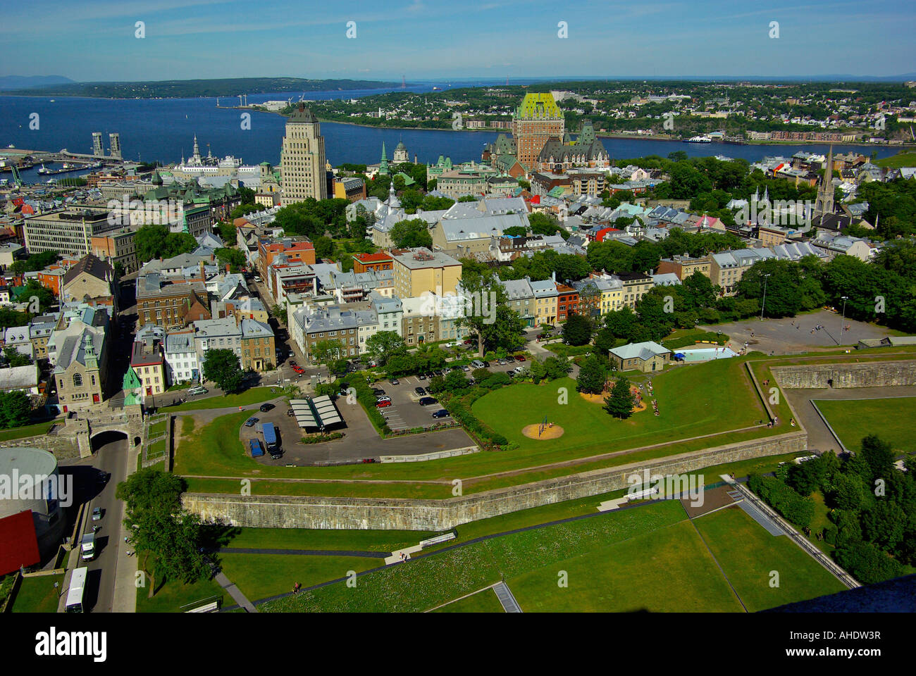 Aerial view of Quebec City, its walls and gates, the harbour and Levi ...