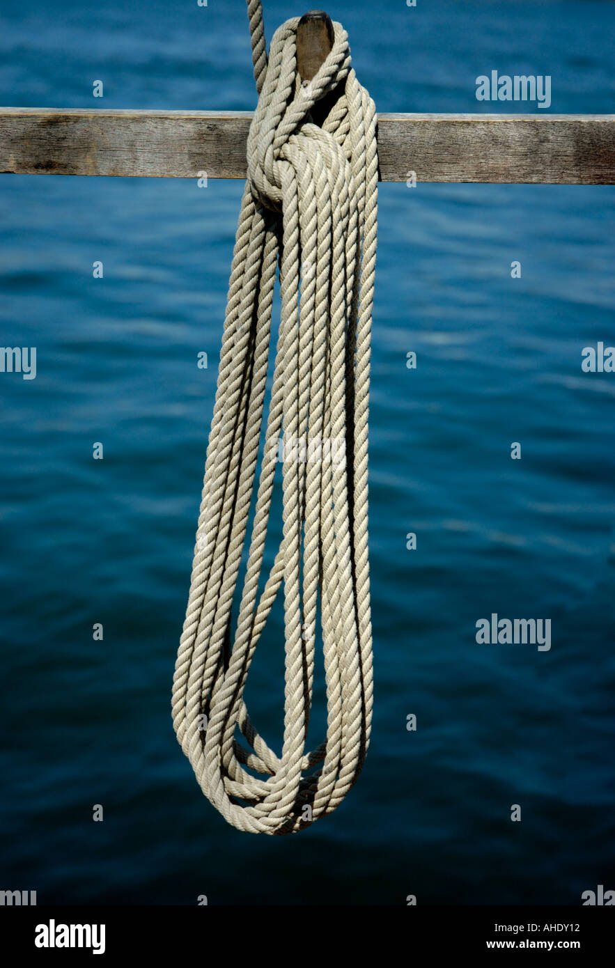 Neatly plaited and coiled ropes on sailing ship Stock Photo - Alamy