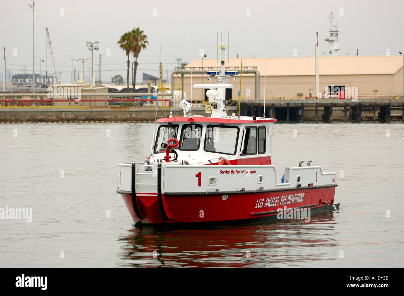 Firefighting boat on patrol San Pedro harbor Los Angeles CALIFORNIA ...