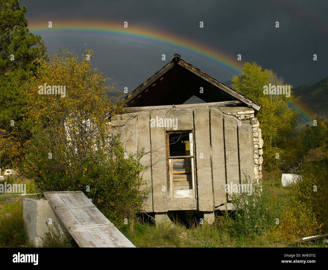 A rainbow arches over the of the dilapidated ruins of the Vault ...