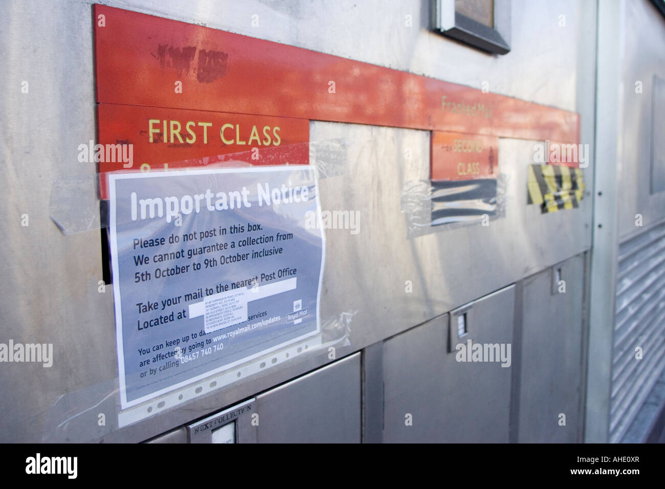 Notice covering a post box during the Royal Mail industrial disputes ...