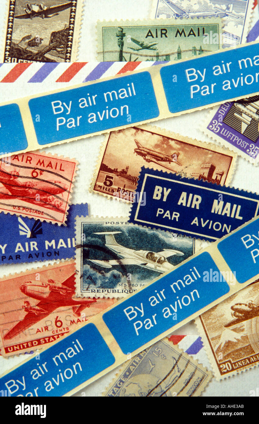 Old air mail stamps and labels Stock Photo - Alamy