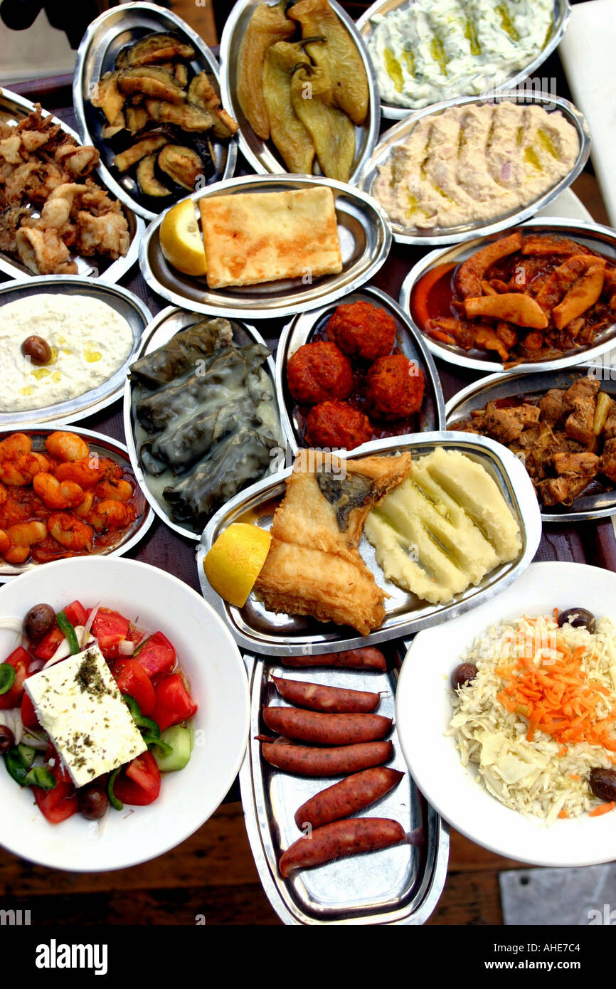 greece greek food and drink a tray of tradional mezes in a plaka ...