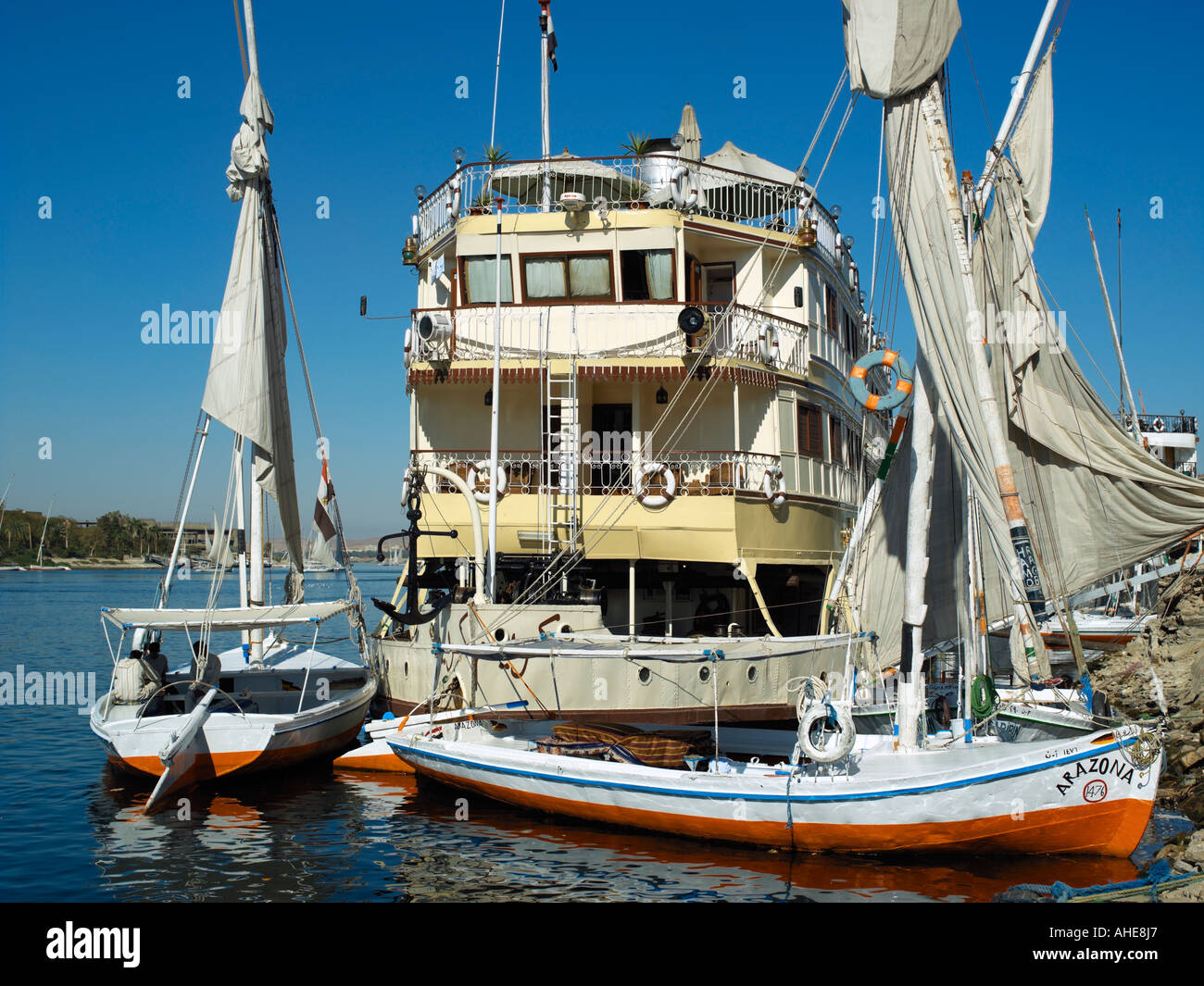 SS Karim and feluccas moored on the Nile Corniche at Aswan Stock Photo ...