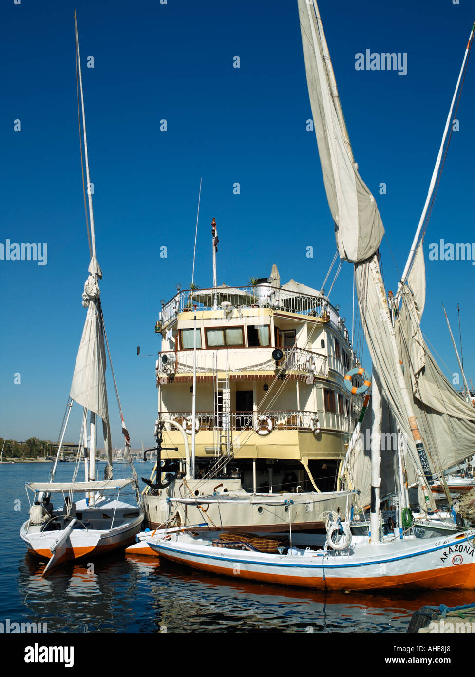 SS Karim and feluccas moored on the Nile Corniche at Aswan Stock Photo ...