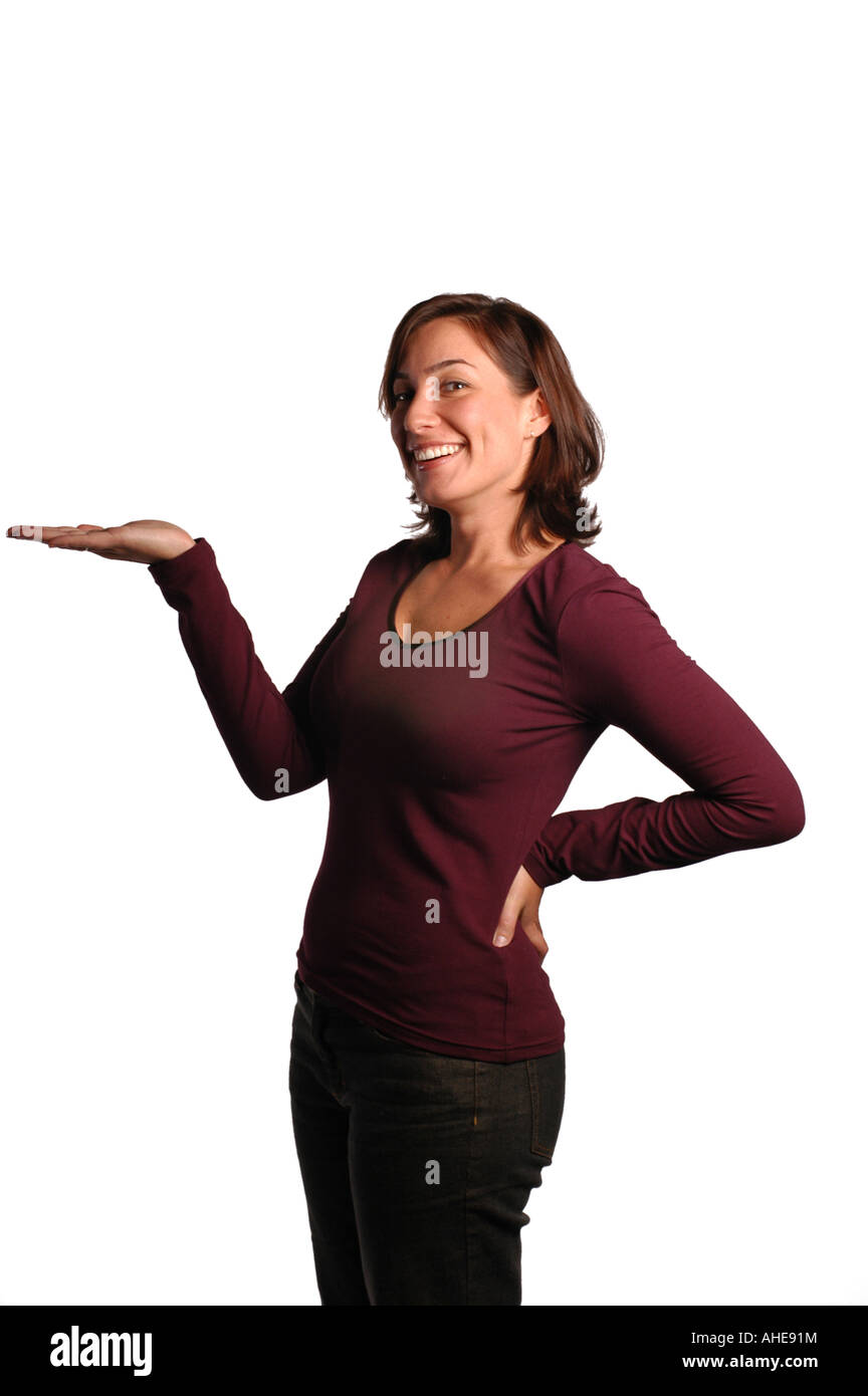 young woman holding out hand Stock Photo - Alamy