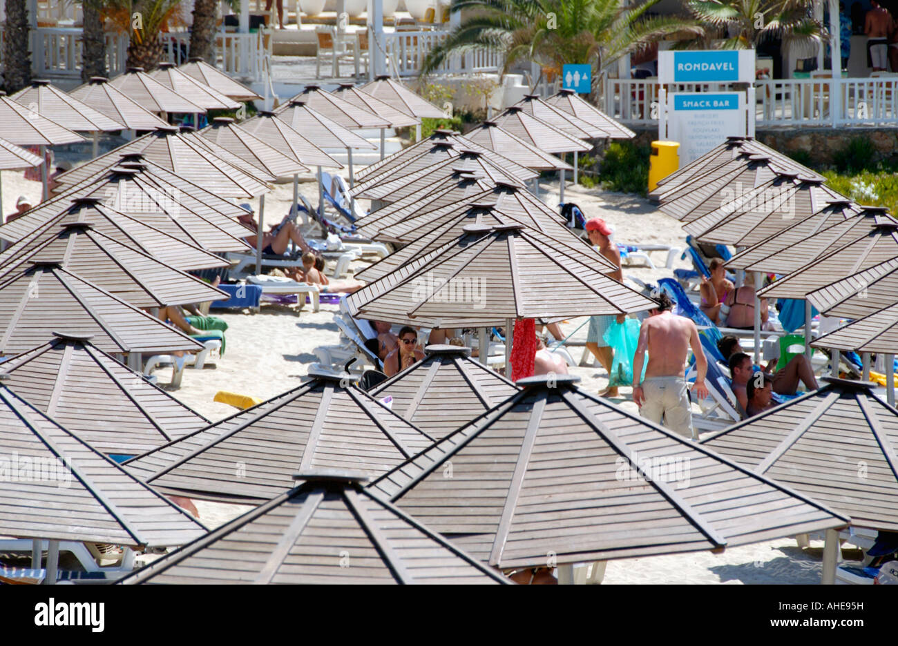 Cyprus beach. Umbrellas sunbeds Nissi Beach Ayia Napa on the ...