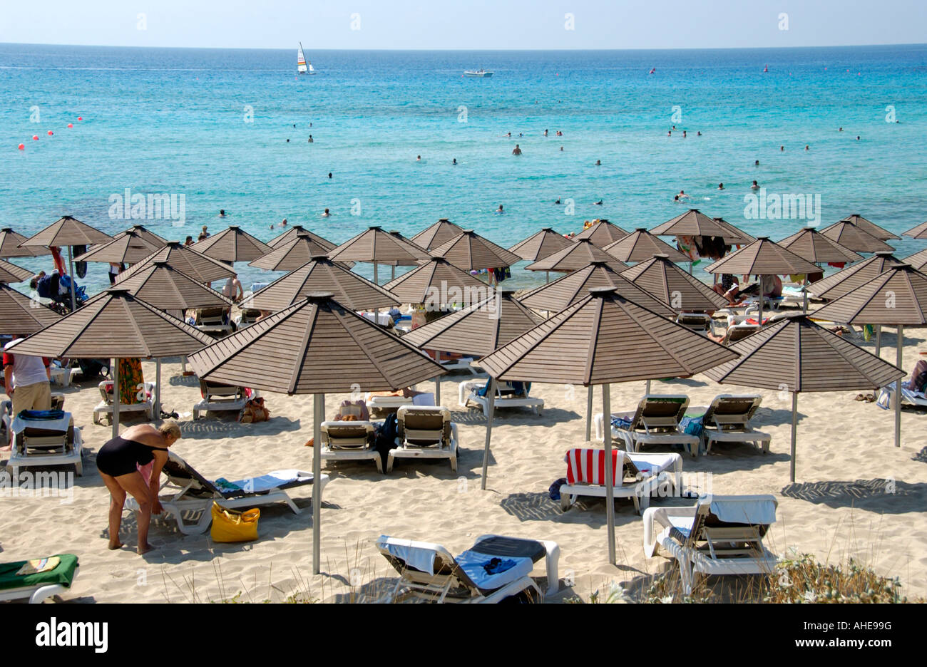 Cyprus beach holiday Umbrellas sunbeds Nissi Beach Ayia Napa on the ...