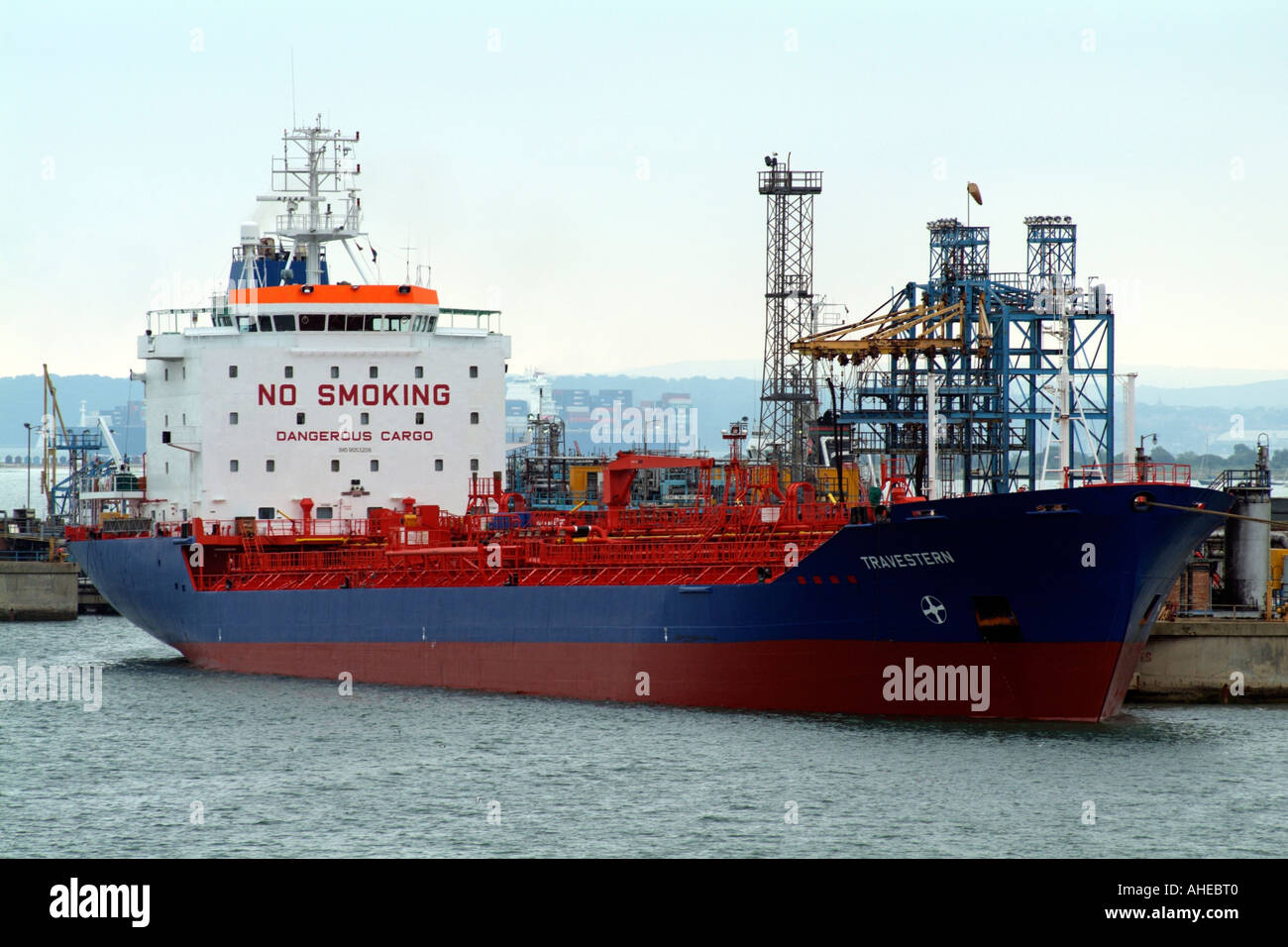 The tanker Travestern docked at the Fawley Terminal on Southampton ...