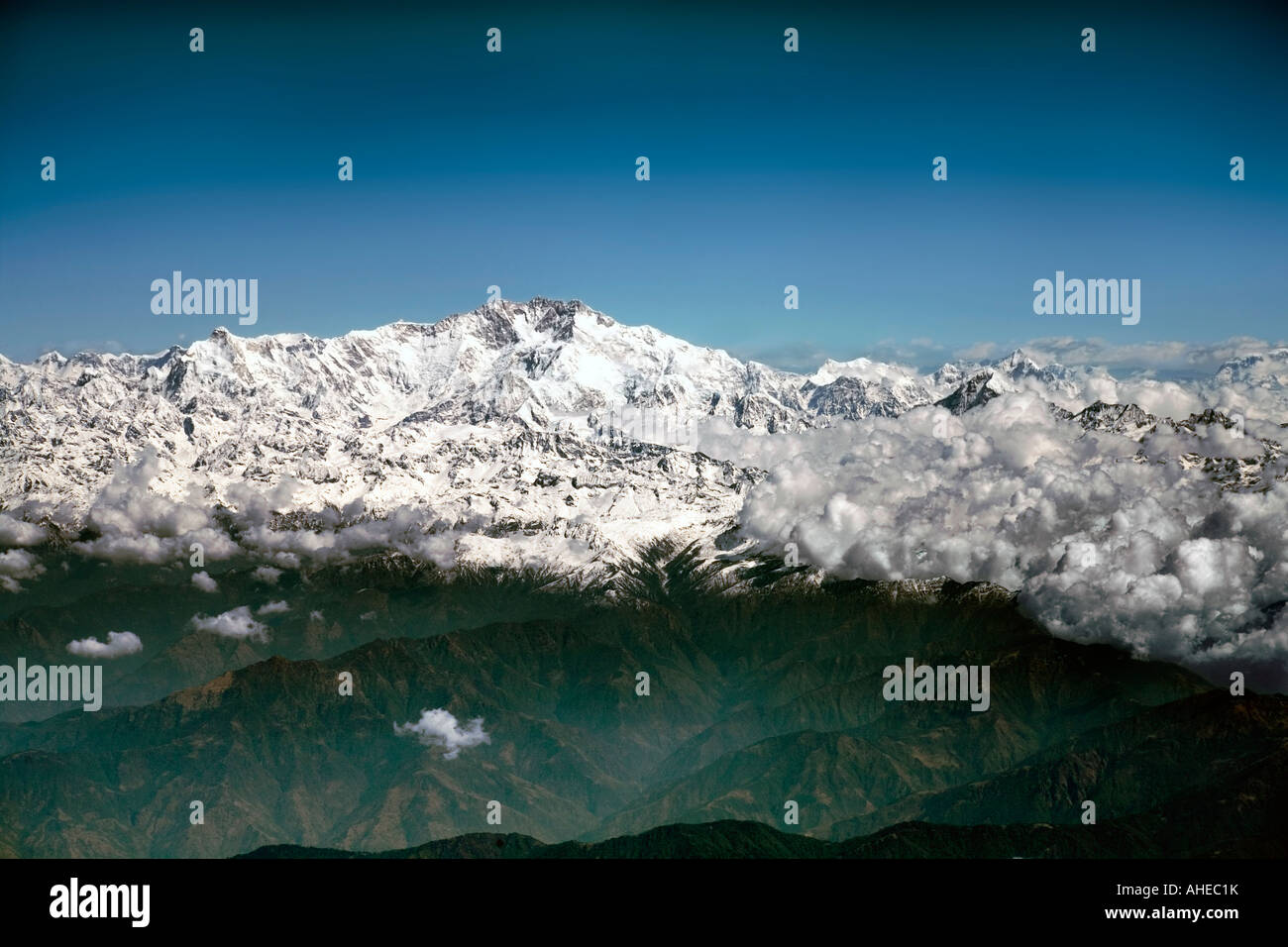 Aerial view of Snowcapped Himalayan peaks in the Kanchenchunga range ...