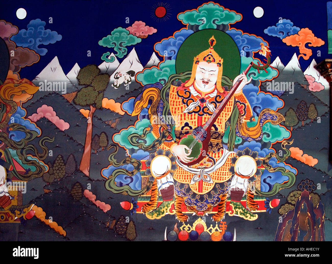 Buddhist deity playing a drangyan lute tradional mural Paro dzong ...
