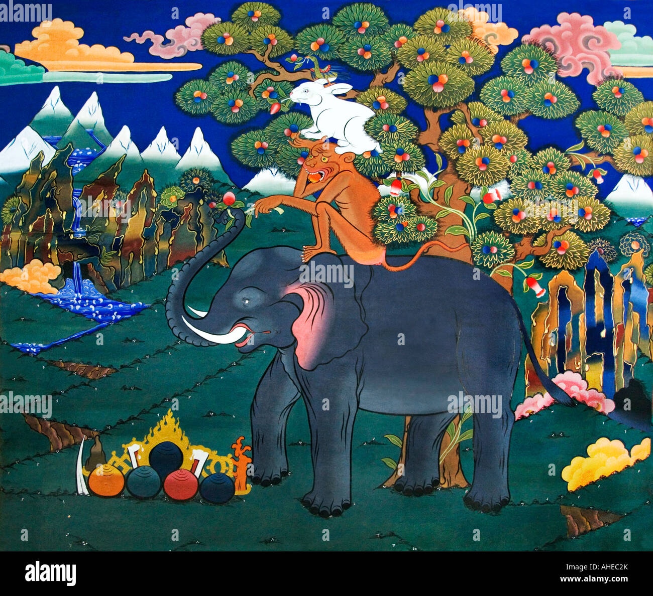 Three friends traditional Buddhist mural painting Paro Dzong Bhutan ...