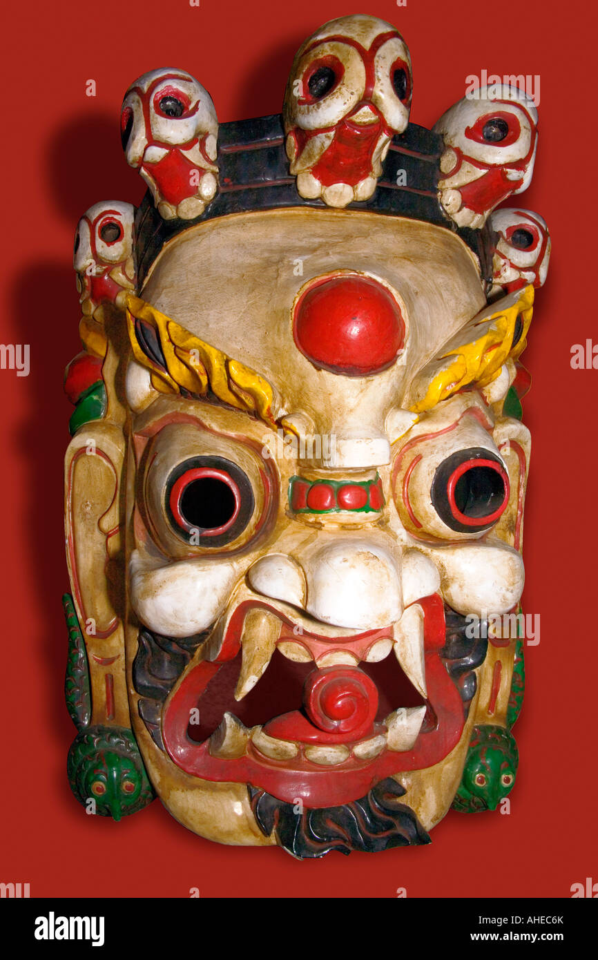 A terrifying carved and painted traditional wooden Bhutanese mask used ...