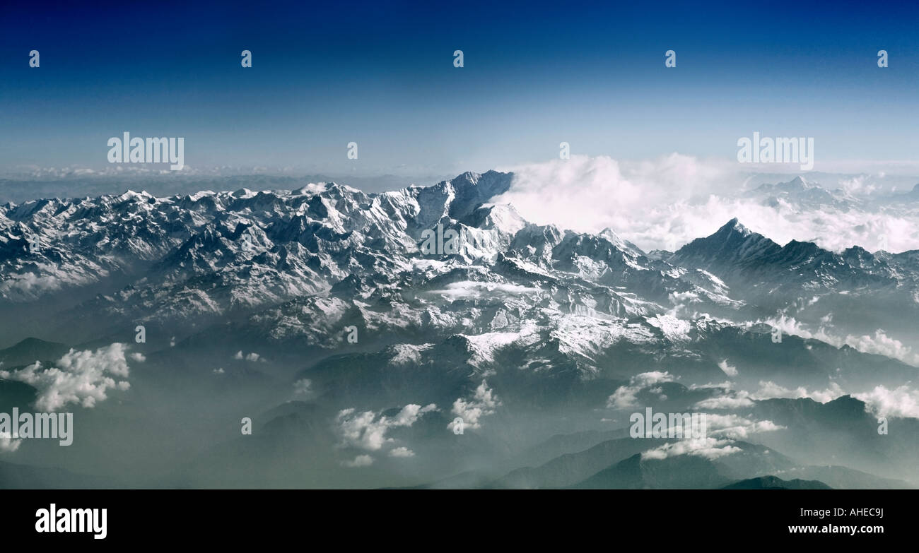 Expansive panoramic aerial view of the high Himalayas East of Everest ...