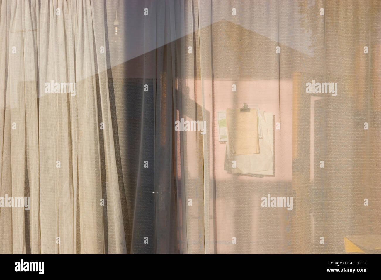 reflection on window with curtain Stock Photo - Alamy